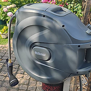 Guitrees Retractable Garden Hose Reel 1/2” 150FT+6FT With Cover, Slow Return System, Any Length Lock, Wall Mounted, 9 Function Nozzle and 180°Swivel Bracket (Grey)