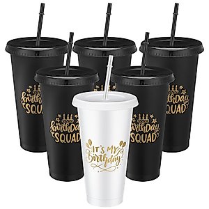 Jingmore Birthday Party Tumblers 24 oz Birthday Squad Plastic Tumblers with Lid and Straw for 20th 30th 40th 50th 60th Birthday Decorations Party Favor for Women Adults(White, Black,6 Pcs)