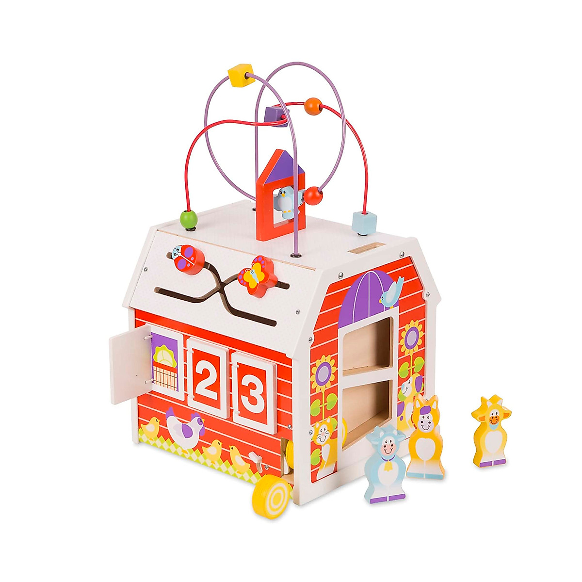 Melissa & Doug First Play Slide, Sort & Roll Wooden Activity Barn with Bead Maze, 6 Wooden Play Pieces (11.75” x 11.75” x 20” Assembled)