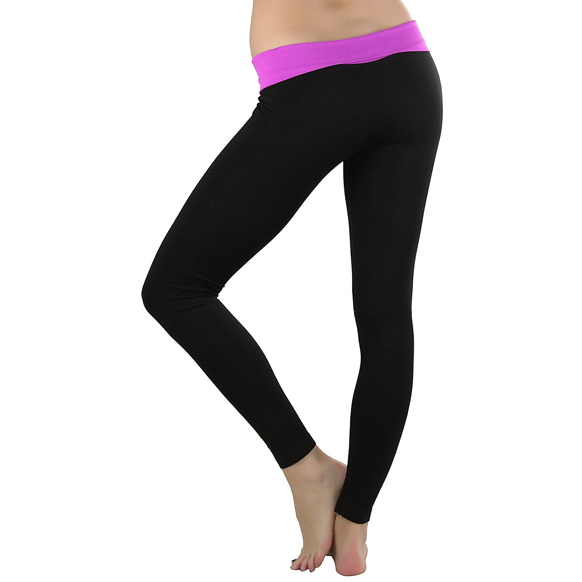ToBeInStyle Women's Black Athletic Leggings with Fold-Over Contrast Waistband - Magenta