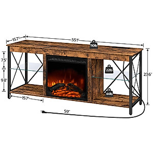 HOOBRO Fireplace TV Stand with Led Lights and Power Outlets, Wooden Media Entertainment Center Console Table with Glass Shelves, Fireplace TV Console for TVs up to 65", Rustic Brown BF140UDDS01