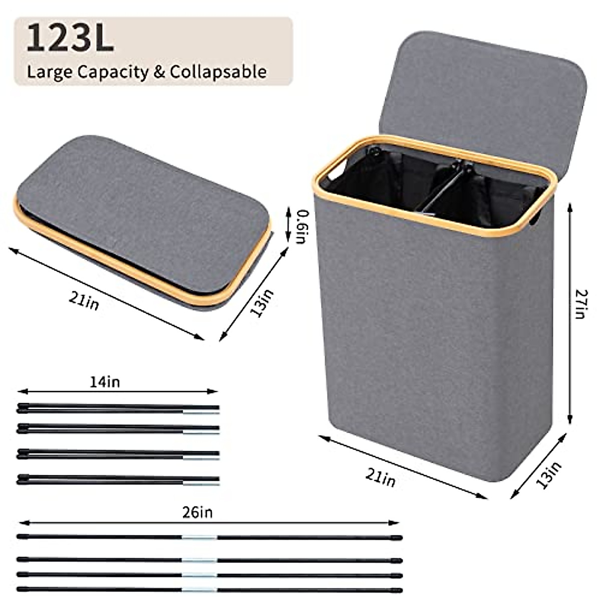 BRIAN & DANY 123L Laundry Basket with Lid, Large Laundry Hamper Organizer 2 Section with Removable Bag Liner for Bathroom and Bedroom (Grey)