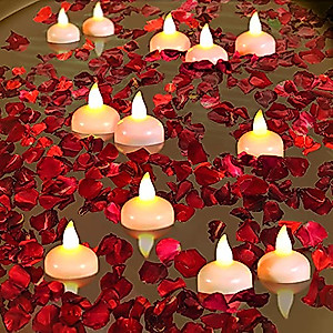 12 Pcs Flameless Floating Candles Tealights Valentine's Day Romantic Decor Waterproof Battery Candles with Dried Rose Petals for Birthday Anniversary Wedding Centerpiece SPA Party Supplies
