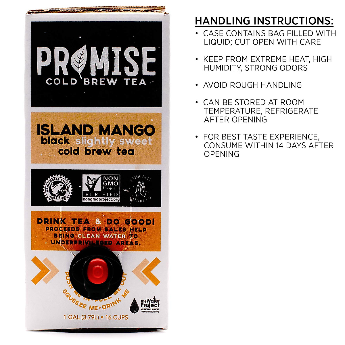 Promise Beverages Slightly Sweet Island Mango Cold Brew Tea On Tap (1 Gallon / 128 fluid ounces) Rainforest Alliance Certified Bag In Box Liquid, Ready To Drink Sweetened with Stevia
