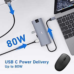 USB C HUB, Dataroad 8 in 1 USB C Port Expander, USB C Docking Station with Ethernet Port, 4K HDMI Output, 3 USB 3.0 Ports, 80W PD Fast Charging, TF/SD Card Reader, Compatible for MacBook Pro/Air