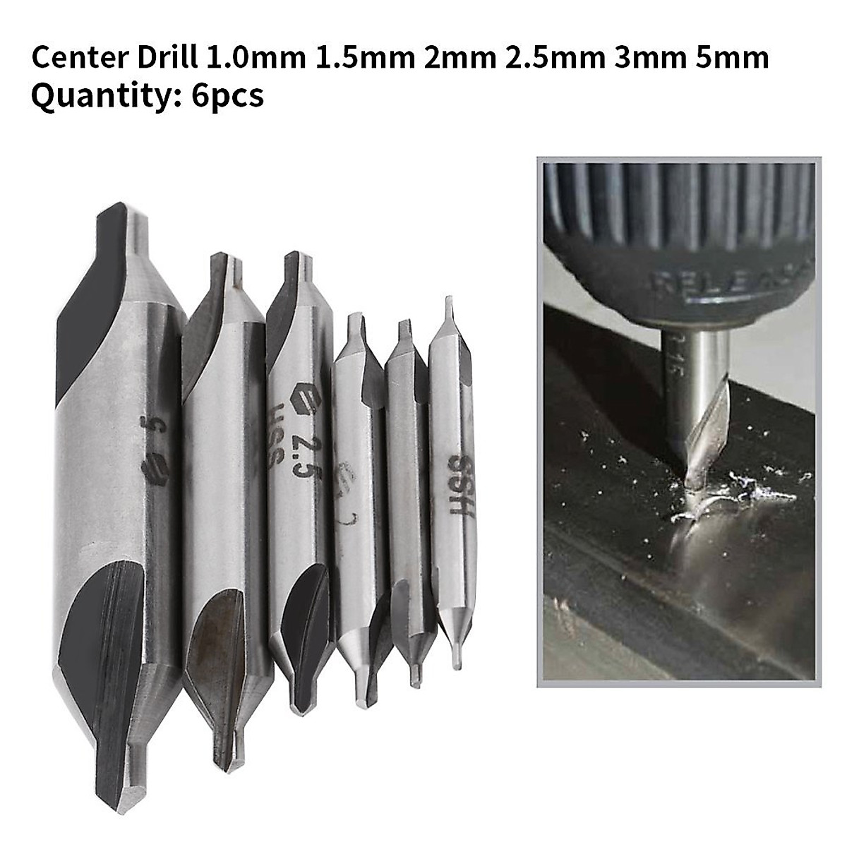 Center Drill Set, 6pcs 1/1.5/2/2.5/3/5mm 60 Degree High Speed Steel Centering Drill Bit Set, Countersink Lathe Center Drill Bits