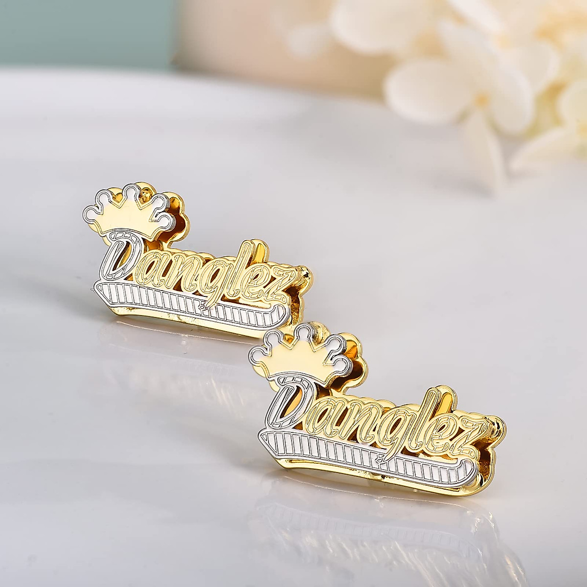 Stud Earrings Personalized for Women 18K Gold-Plate Custom Name Earrings Double Plate Personalized Stud Earrings with Crown Customize Earrings Jewelry Gift for Mother' Day