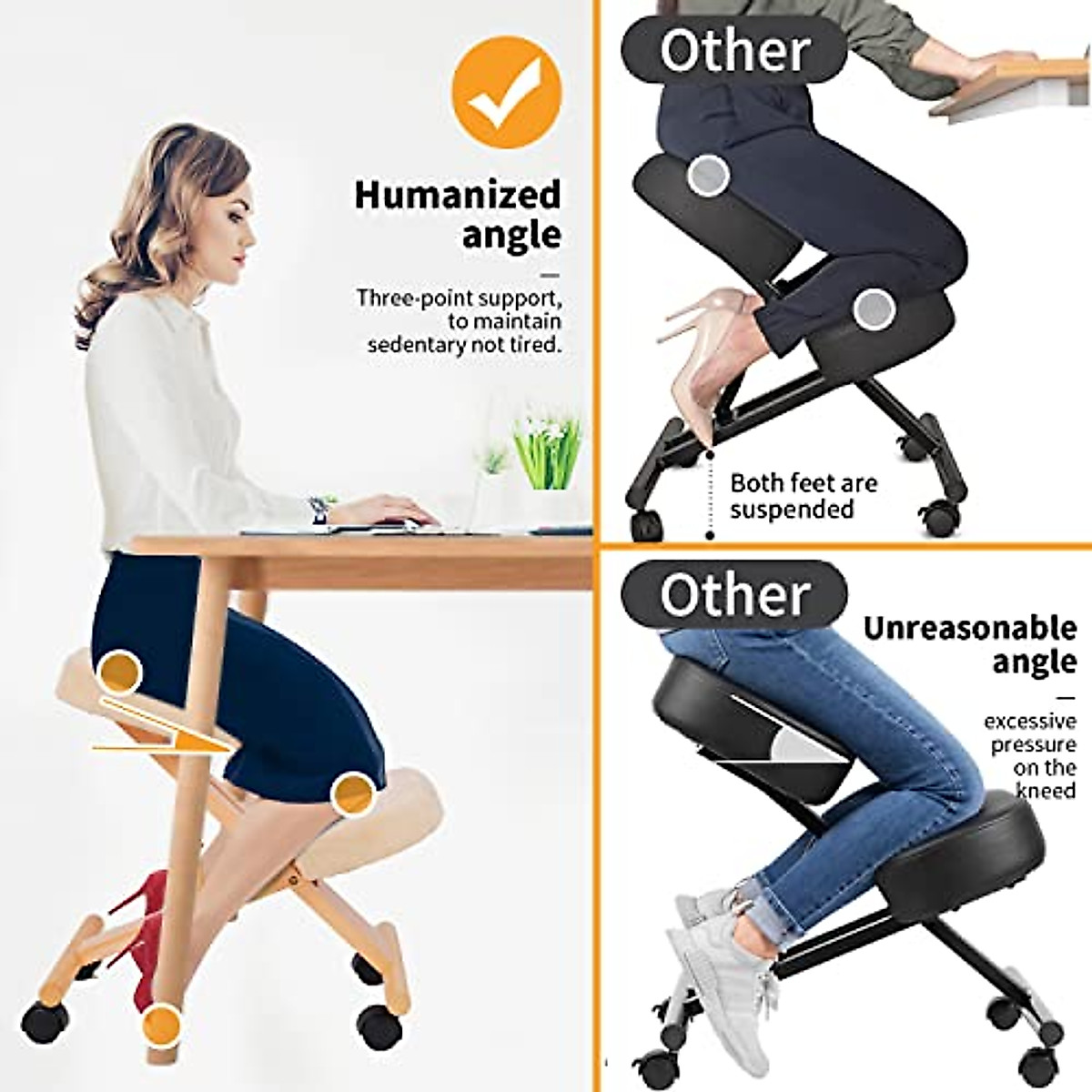 OXFIELD Ergonomic Kneeling Chair,Adjustable Kneeling Stool for Home and Office,Wooden Kneeling Chair with 3”Thick Comfortable Cushions& Smooth-Moving Wheels
