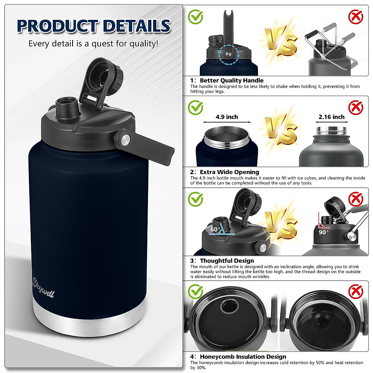 SkyWell 1 Gallon Insulated Water Bottle with Handle and Wide Mouth Water Flask Sweat-Proof and Leak-Proof 128 Oz Stainless Steel Water Jug for Outdoors, Navy