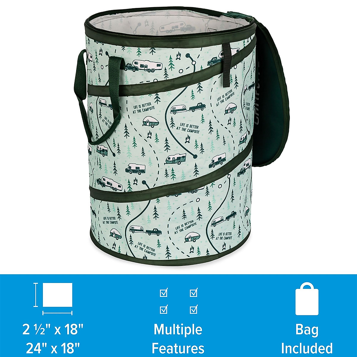 Camco Pop-Up Utility Container | Features Heavy Duty Liner & Zipper Close Lid | Holds 30-Gallon Kitchen-Size Trash Bags | Stands 2-Ft Tall & Collapses for RV Storage and Organization (42996)