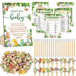 Patelai 321 Pcs Baby Shower Games Supplies, 5 Sets (50 Cards Each) Activities Cards with 20 Pencils 1 Don't Say Baby Sign 50 Clothespin(Dinosaur)