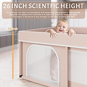 Omzer Baby Playpen with Mat 50x50inch: Large Playpen for Babies and Toddlers Indoor Safety Play Pen with Soft Breathable Mesh - All-Wrapped Sponge Sturdy Play Yard with Stable Mat Magic Sticker Beige