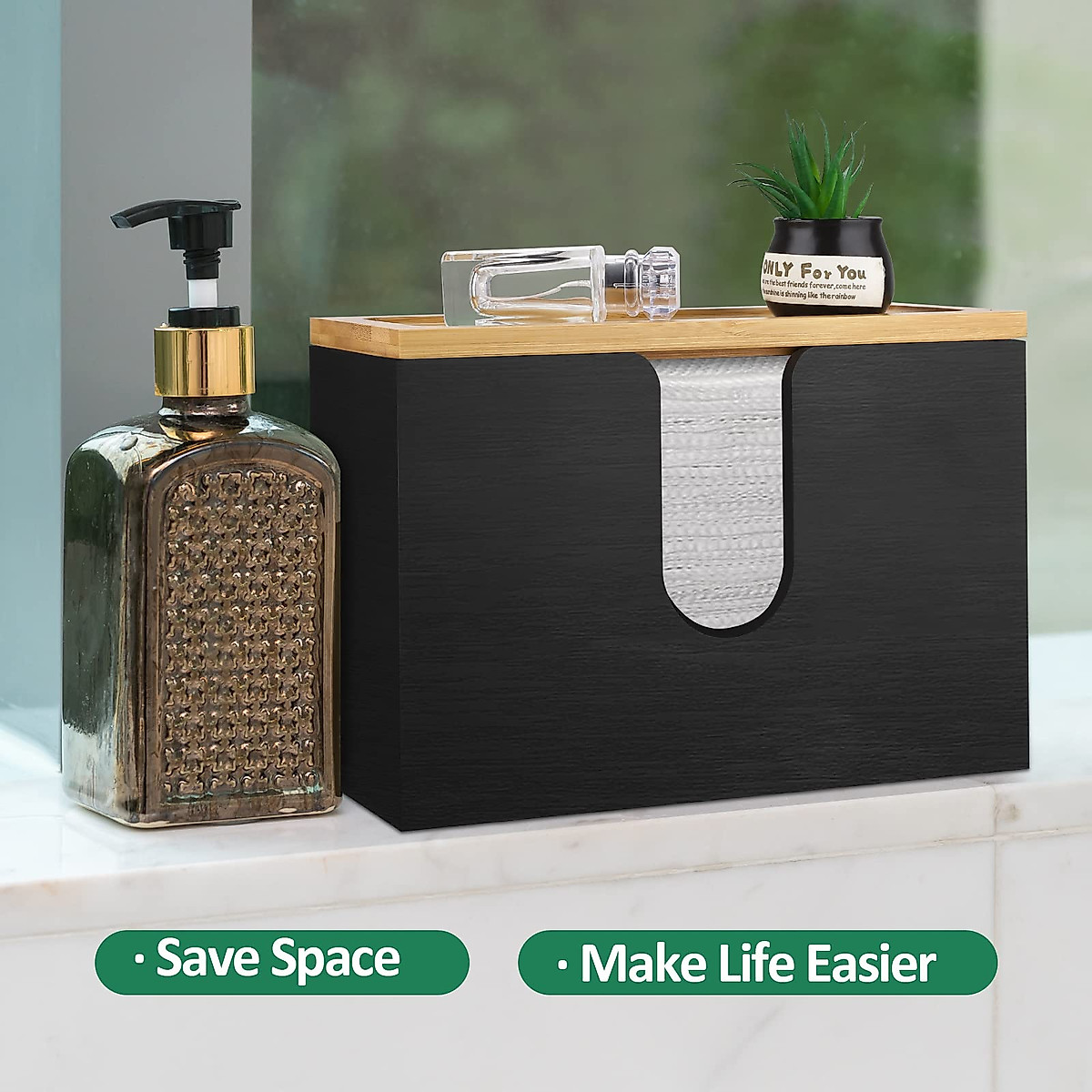 ADXCO Paper Towel Dispenser Wall Mount Bamboo Black Paper Hand Napkin Dispenser with Lid for Bathroom Kitchen Office and Toilet