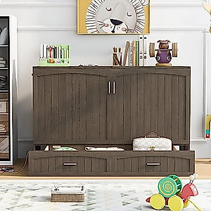 Queen Size Murphy Cabinet Bed with Built-in Charging Station and Large Drawer, Modern Murphy Bed for Kids Teens, Space Saving Design & Easy Assembly (Antique Gray)