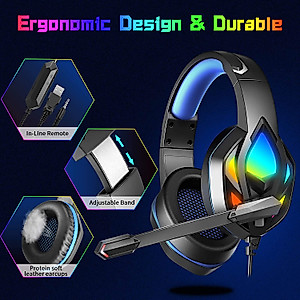 Donerton Gaming Headset, Over-Ear Gaming Headphones with Noise Canceling Mic, Stereo Bass Surround Sound, LED Light, Soft Memory Earmuffs PS4 Gaming Headset Compatible with PC, Laptop,Tablet