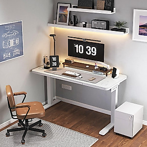 ERGOMORE Glass Standing Desk with Drawers, 45 x 23 inch Touch Control Adjustable Height Desk with Power Outlet, USB Ports & Wireless Charging, Dual Motor Sit Stand up Desk for Home & Office (White)