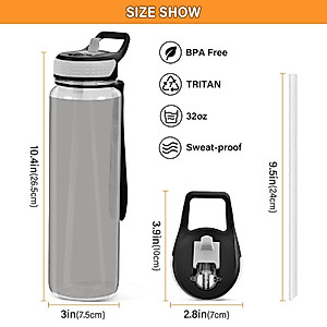 Kigai Plain Grey Solid Color Water Bottle with Straw Lid 32oz Leakproof Clear Gym Water Bottles for Women Men Outdoor Sport Drinking