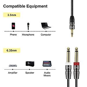 J&D 3.5mm to Dual 1/4 inch Stereo Splitter Y Cable, 3.5mm 1/8 inch TRS Stereo Male to Dual 1/4 inch 6.35mm Mono Male Y-Splitter Cable for Phone/Amplifiers/Mixer Audio Recorder, 1.5 Feet