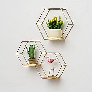 Hexagonal Floating Shelves Wall Mounted Shelf, Rustic Shelves, Metal Wall Shelves for Bedroom,Bathroom,Living Room,Kitchen,Home Office, Wall Plant Holder Flower Pot Planter Stand Home Decor Gold S