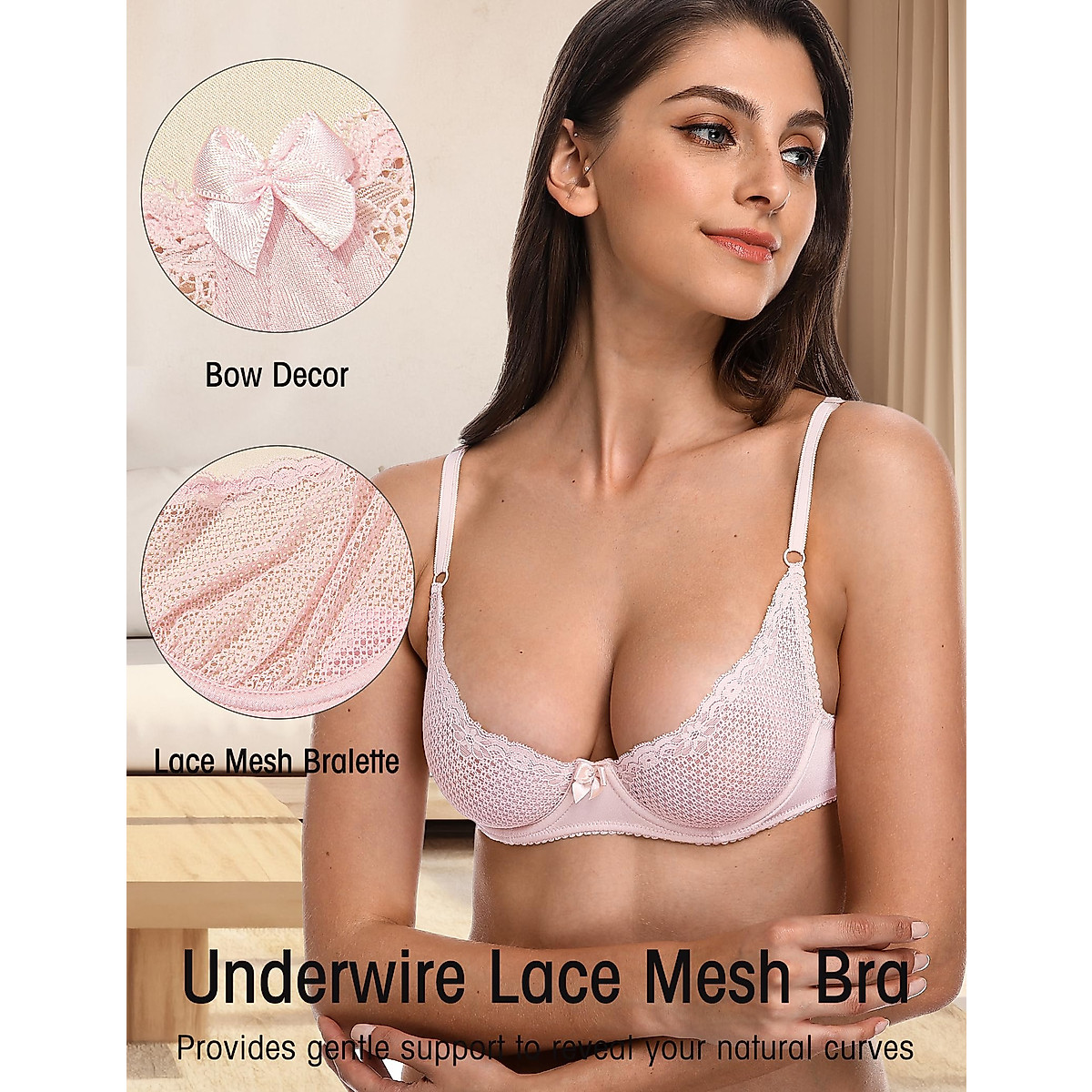 Wingslove Women's Sexy 1/2 Cup Lace Bra Balconette Mesh Underwired Demi Shelf Bra Unlined See Through Bralette (Light Pink, 36A)
