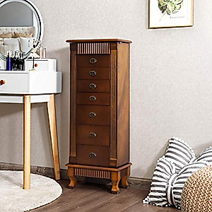 HOMGX Cabinet Chest, Makeup Mirror and Top Divided Storage Organizer, Large Standing Jewelry Armoire with 7 Drawers, 2 Swing Doors, 12 Necklace Hooks