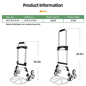 RJTEK【Material Upgrading】 Stair Climber Hand Truck and Dolly, 220Lb Capacity Stair Climbing Cart, Heavy-Duty Trolley and Luggage Cart, Lightweight with Telescoping Handle, Silver & Black