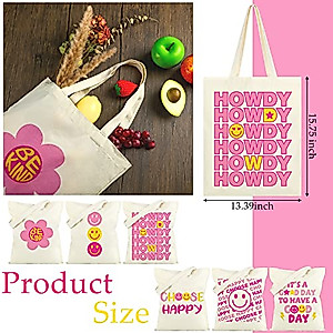 6 Pieces Preppy Tote Bags Cute Tote Bags Aesthetic Bag Pink Happy Face Canvas Tote Bag for Women Reusable Inspirational Gifts for Women Beach Bags Grocery Bags