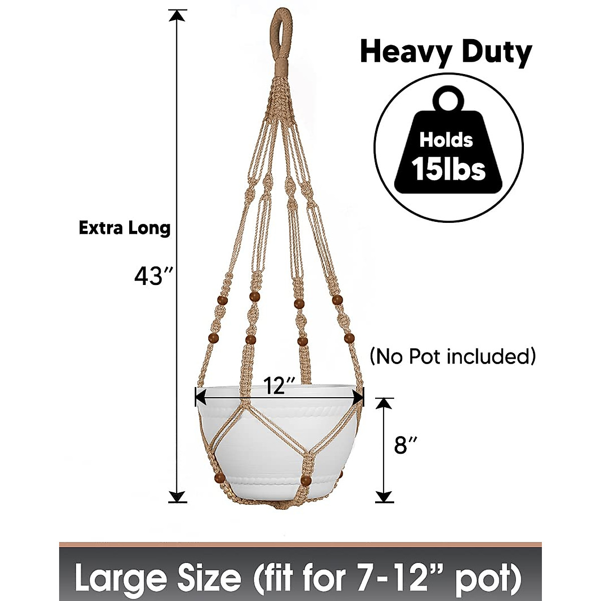 Shineloha 43 Inches Macrame Planter Hanger Large for 12 inch Pot + Swag Hook (Extra Long & Big) | No Tassel, Cotton Rope | Hanging Planter for Indoor Plants, NO Pot/Plant Included (Brown)…