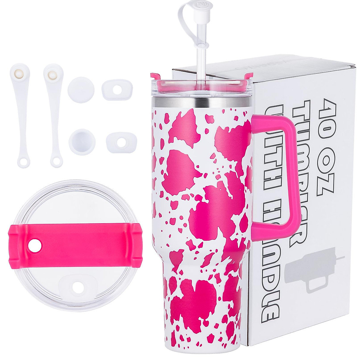 Xereizo 40 oz Tumbler with Handle and Straw, Leak Proof Stainless Steel Insulated Travel Coffee Tumbler Cups Lid and Straw, Iced for 40 Hours Cupholder Friendly Water Bottle Mug, Cow Stripe Rose Red