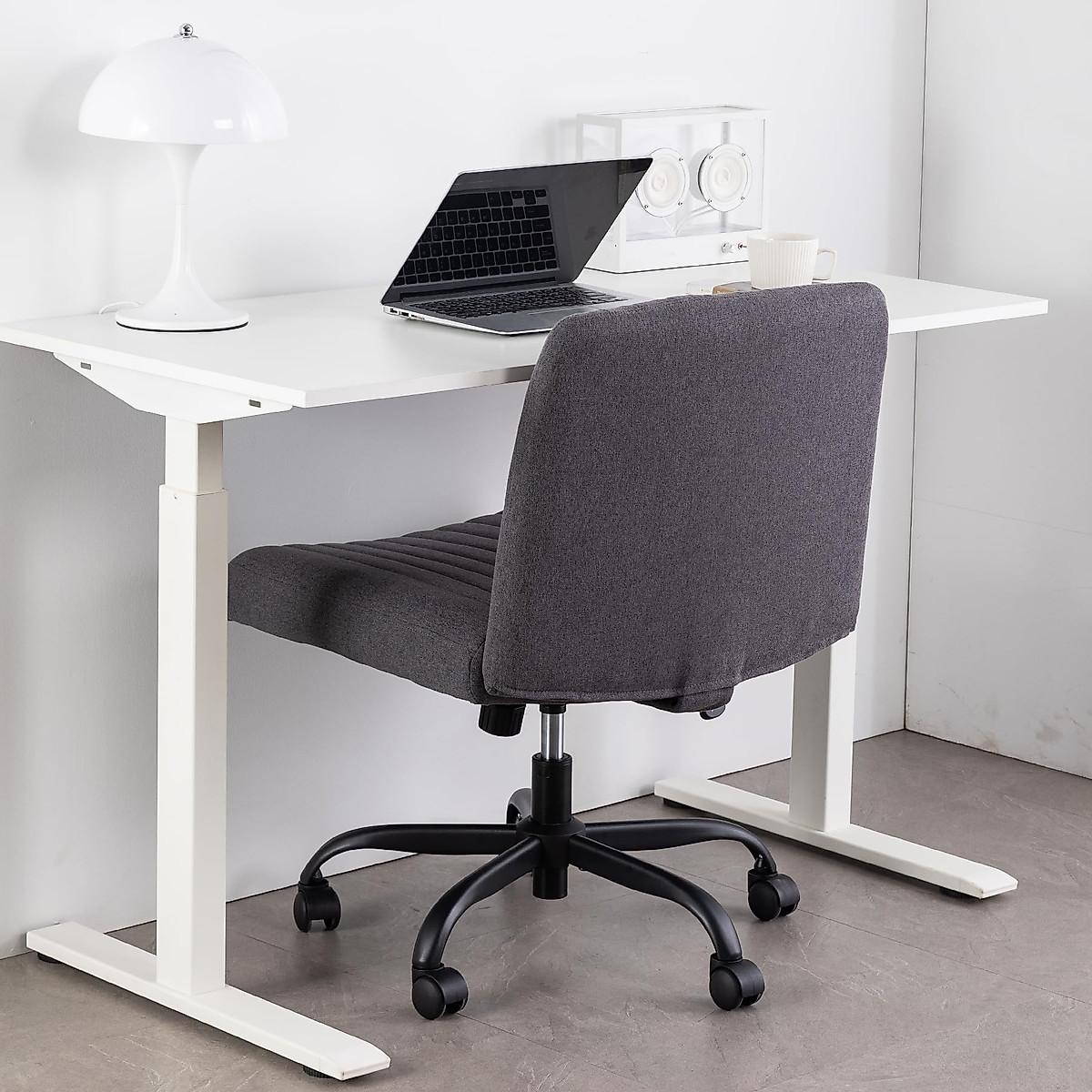 Armless Wide Office Chair No Wheels Fabric Padded Desk Chair Task Vanity Chair Swivel Home Office Desk Chair 120°Rocking Mid Back Ergonomic Computer Chair for Make Up,Small Space, Bed Room(Brown)