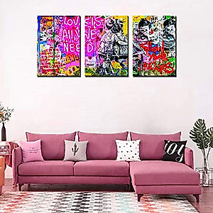 Graffiti Street Art Banksy Canvas Wall Art for Living Room Decor 3 Pieces Little Couple Picture Print Pop Artwork Lovely Kitchen Wall Decor Abstract Artwork Home Decor Room Wall Pictures 60x28 Inch