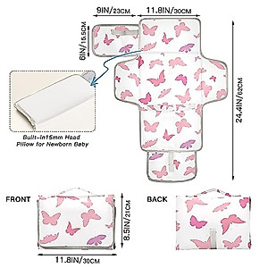 Pink Butterflies Portable Baby Changing Pad Travel Diaper Changing Pad Foldable Waterproof Changing Station with Built-in Pillow for Baby Gifts Stuff Newborn