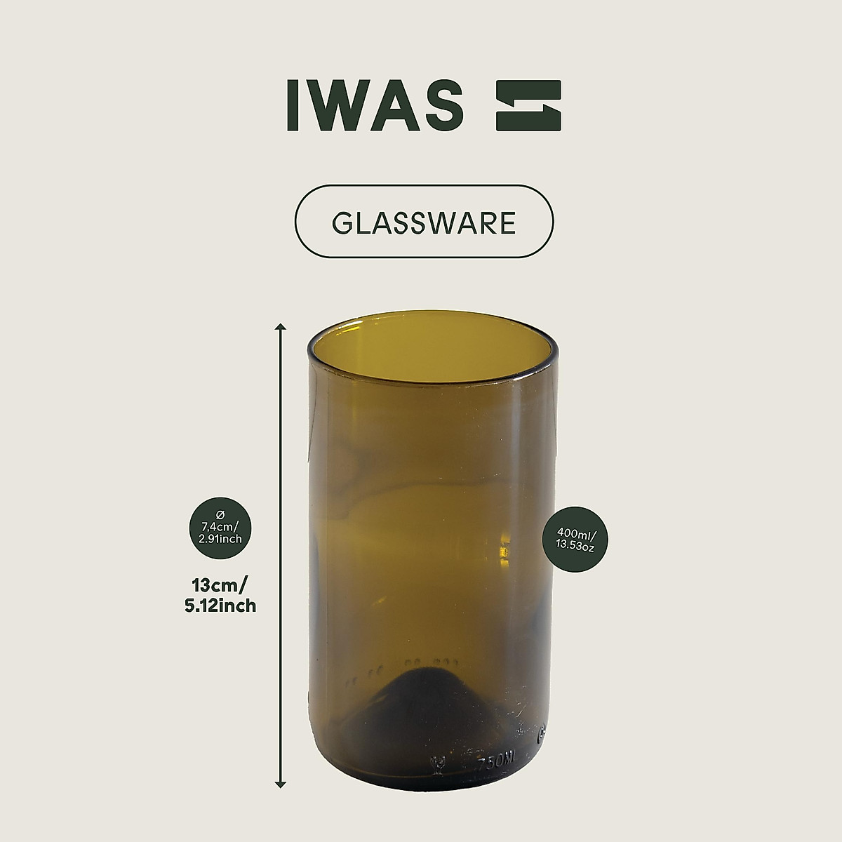 IWAS Upcycled Olive Drinking Glasses | 400 ML | 13.53 OZ | Set of 6 | Sustainable Water Glasses | Environmentally Friendly Dark Brown Glasses For Home