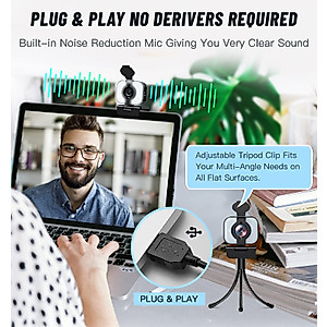 Webcam FHD 1080P Streaming Webcam with Ring Light, Microphone, Privacy Cover and Auto-Focus, Plug and Play, USB Web Camera for Zoom Skype YouTube, PC Laptop Computer