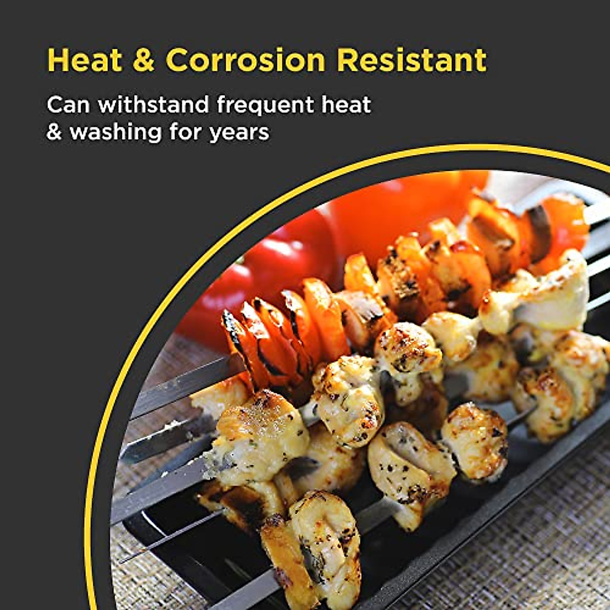 Flat Metal Kabob Skewers for Grilling - 8" BBQ Skewers Stainless Steel with Storage Bag - Set of 9 Dishwasher Safe Flat Metal Skewer Set for Grilling with Hook Handle & Sharp Tip by O-Yaki