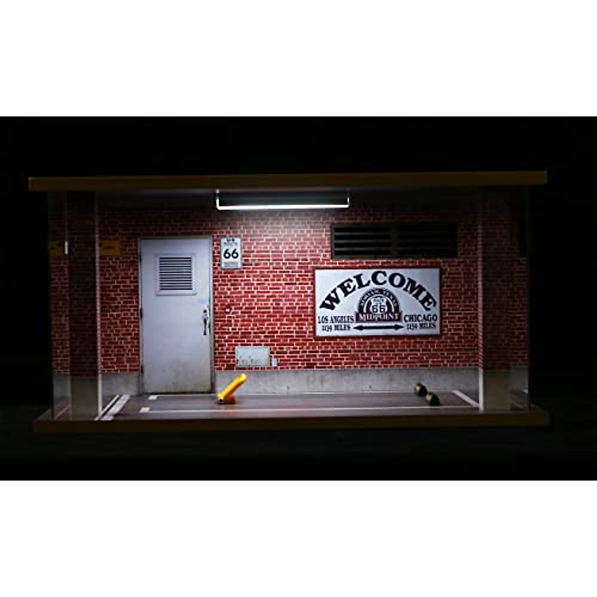 Display Case for 1/18 Diecast Cars,Acrylic Display Case for 1/12 Scale Toy Motorcyle with LED Lighting, Route 66-3 Open Side