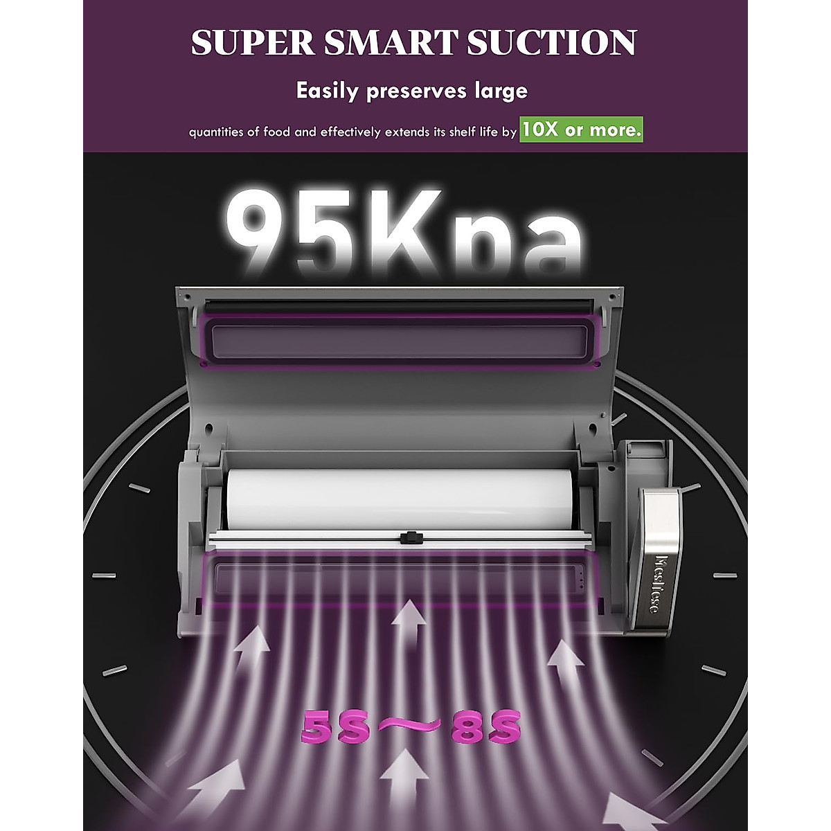 Mesliese Vacuum Sealer Machine, 95kPa 140W One Hand Operation Food Sealer, Double Seal Strip with Build-in Cutter & Countdown Display, 2 Bag Rolls, 5PCS Pre-cut Bags, PULSE & Marinate Enabled