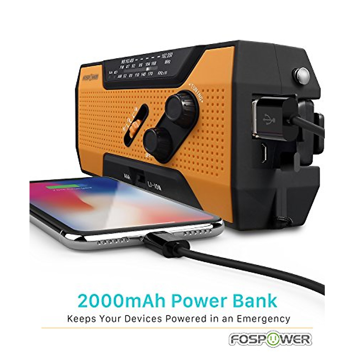 FosPower 2000mAh NOAA Emergency Weather Radio (Model A1) Portable Power Bank with Solar Charging, Hand Crank & Battery Operated, SOS Alarm, AM/FM & LED Flashlight for Outdoor Emergency