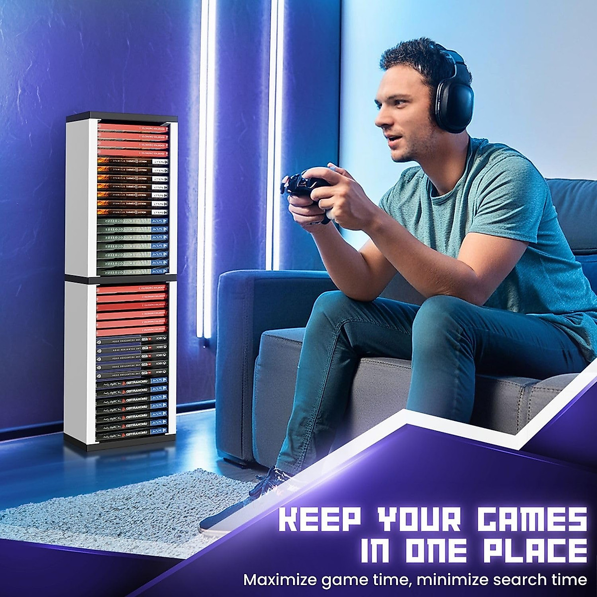 TNP Universal Video Game Storage Tower for PS5, PS4, PS3, Nintendo Switch, Xbox One, Xbox Series S/X - White Video Game Holder Organizer Stand with 36 CD Case Storage for Organizing & Displaying