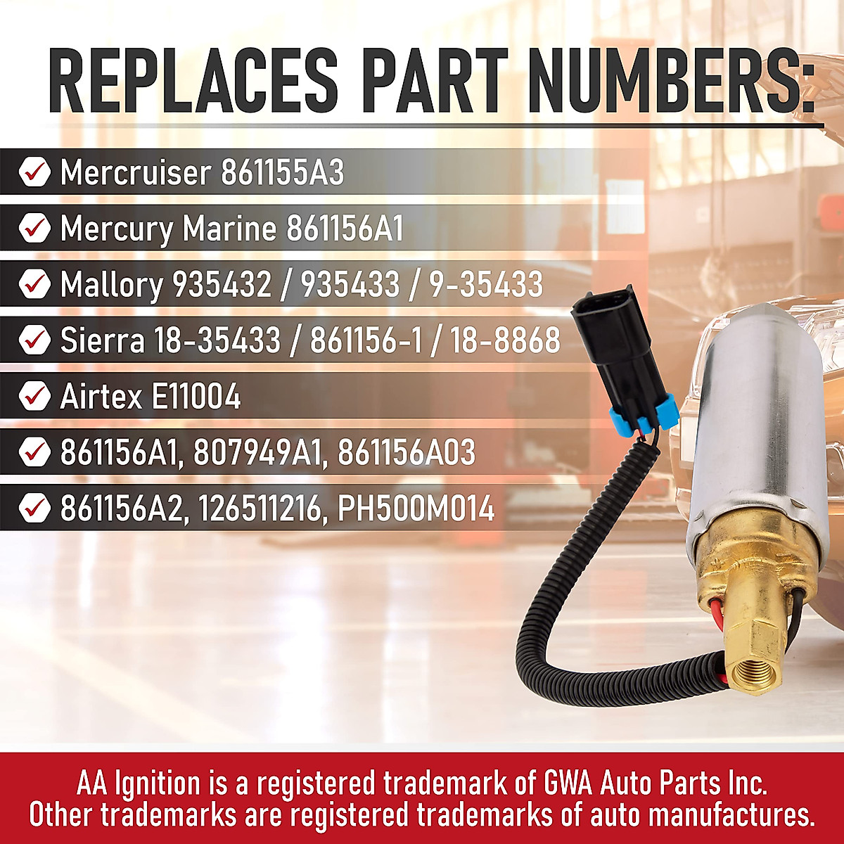 Replacement Electric Fuel Pump - Fits Mercury Boat Engines - Mercruiser, 1998 4.3L 262, 2000 5.0L 305, 2000 5.7L 350, MCM/MIE 4.3L V6, 5.0L V8 Gen+ - Replaces 861155A3, 861156A1, 18-8868