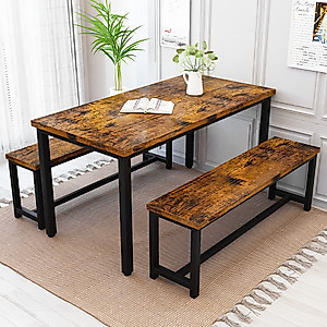 Recaceik Dining Table Set for 4 Kitchen Table Set with 2 Dining Benches, 3 Piece Farmhouse Dining Room Table Set Industrial Breakfast Nook Table Set for Small Space, Apartment, Rustic Brown