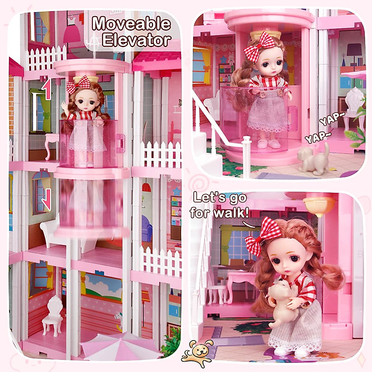 Doll House Playset with Elevator,Slide,Stairway,Lights,Furniture,Accessories,Pretend Play Dollhouse with 3 Dolls& 2 Pets,Doll House for 3 4 5 6 7 8 Year Old Kids Girls (13 Rooms)