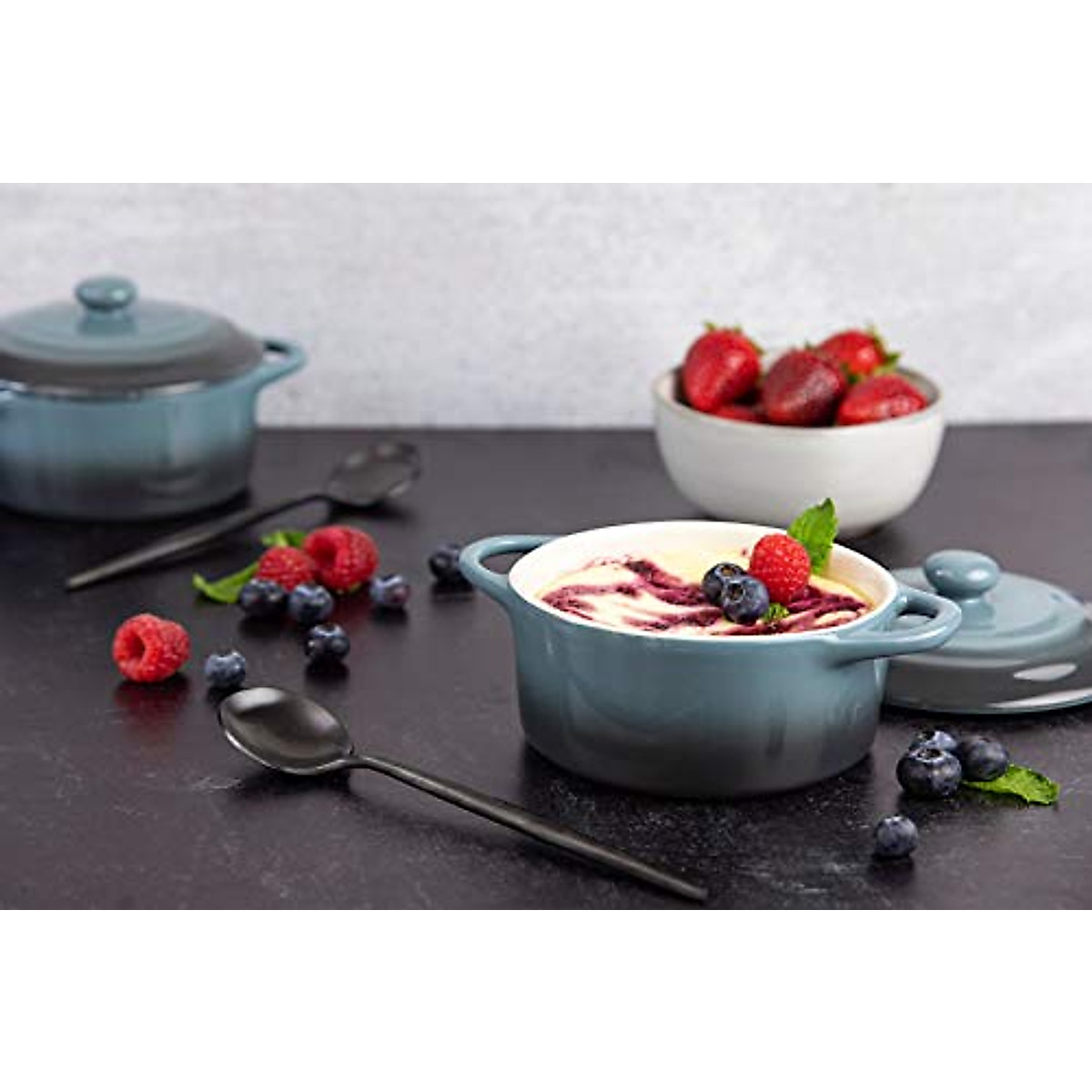 Kook Ceramic Mini Cocotte Set, Small Casserole Dishes with Lids and Handles, Individual Baking Ramekins, Oven, Microwave & Dishwasher Safe, Stoneware, 12 oz, Set of 4 (Stone Ombre)