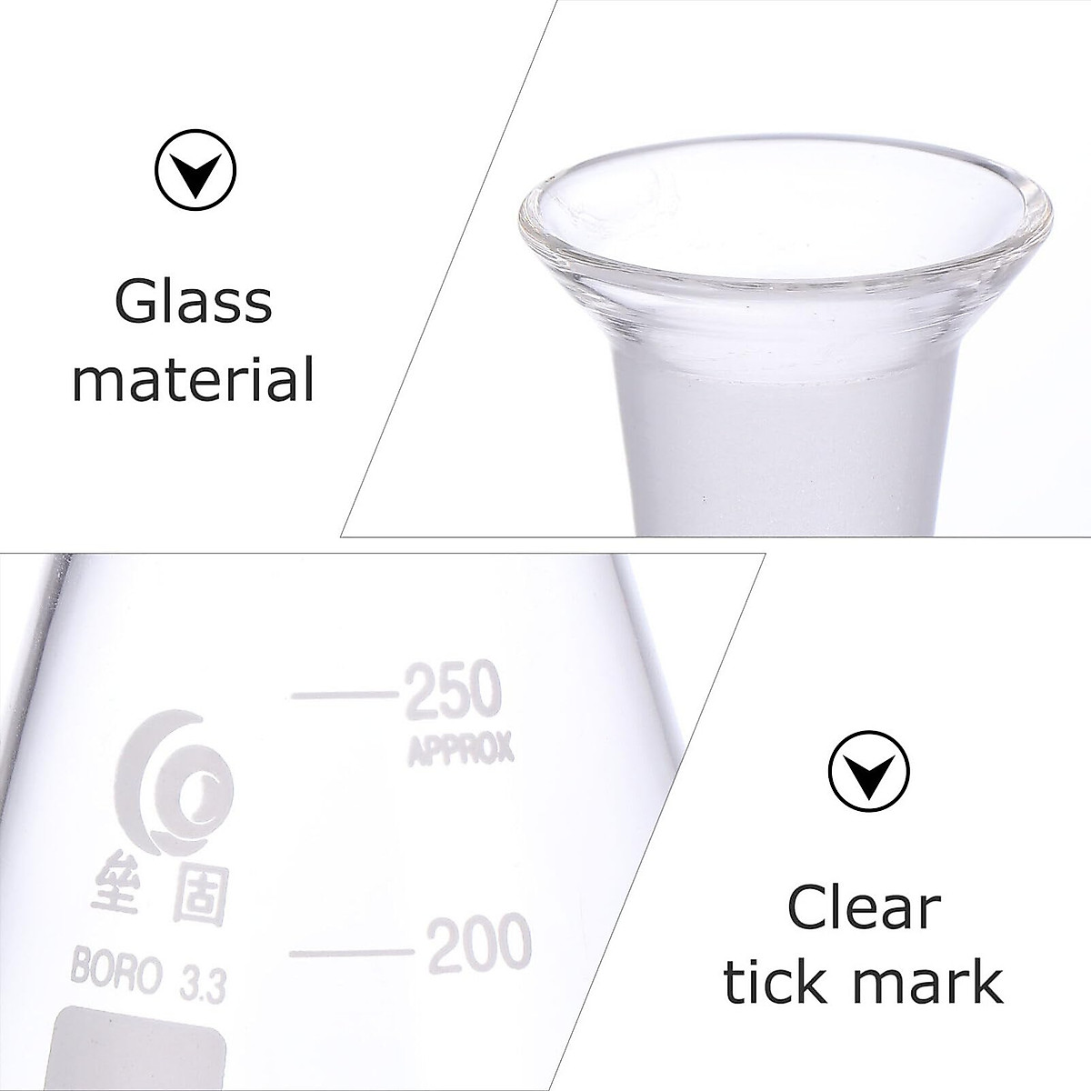 ULTECHNOVO Erlenmeyer Flask, Glass, 250 ml Narrow Mouth Conical Flasks with Ground Glass Stoppers, Graduated Borosilicate Glass Flask for School Lab Experiment