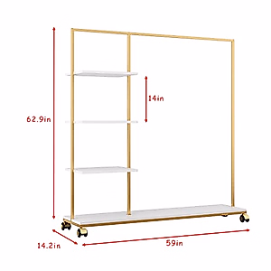 FONECHIN Metal Gold Clothing Rack for Boutique Use, Heavy Duty Garment Rack with Shelves for Retail Display (59L inches)