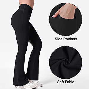 BOOVET Women's Flare Yoga Pants with Pockets Crossover High Waisted Bootcut Flare Yoga Leggings Tummy Control Workout Pants Black