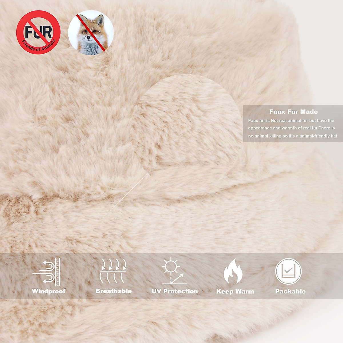 Sydbecs Winter Bucket Hat Fluffy Faux Fur Fisherman Cap for Women Men Solid Color Style(Beige)