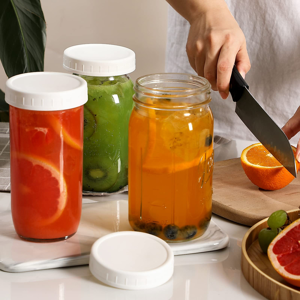 WIDE Mouth Mason Jar Lids [16 Pack] for Ball, Kerr and More - White Plastic Storage Caps for Mason/Canning Jars - Leak-Proof