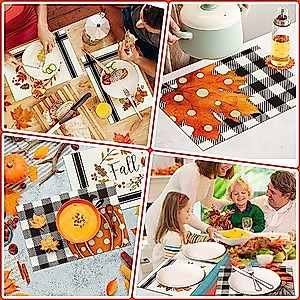 Hello Fall Pumpkin Maple Leaves Gnomes Buffalo Plaid Placemats Set of 6 for Dining Table 12 x 18 Inch Seasonal Autumn Harvest Holiday Rustic Vintage Thanksgiving Table Mats