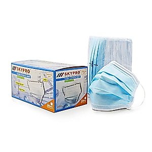 SKYPRO 50PCS Medical Grade Classic Masks, Adult 3 Ply Disposable Blue Face Masks with Elastic Ear Loop Filter Efficiency Greater than 99% Breathable